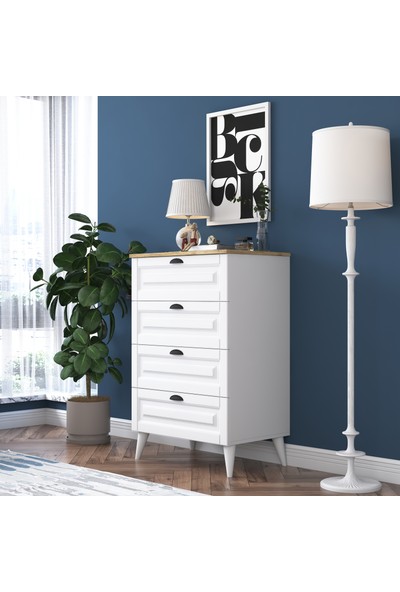 Rani BE103 Şifonyer 4 Derin Çekmeceli Yüksek Şifonyer Beyaz - Keçe Ceviz 108 x 70 Cm Rani BE103 Şifonyer 4 Derin Çekmeceli Yüksek Şifonyer Beyaz - Keçe Ceviz 108 x 70 Cm