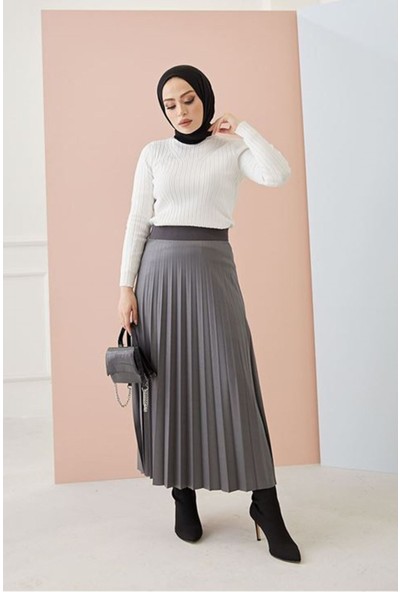 Miostil Bel Lastikli Piliseli Etek-Gri