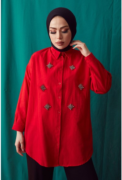 Miostil Ön Boncuk Detaylı Gömlek-Kırmızı