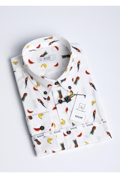 Salve Erkek Pamuk Slim Fit Papağan Desenli Gömlek 22119