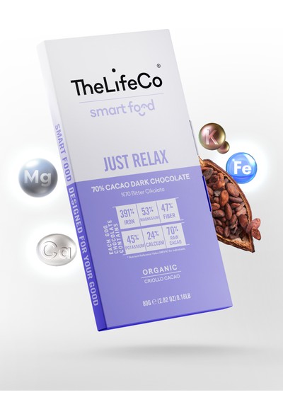 TheLifeCo Smartfood Just Relax Organik Çikolata 80GR (Organik %70 Bitter Çikolata) TheLifeCo Smartfood Just Relax Organik Çikolata 80GR (Organik %70 Bitter Çikolata)