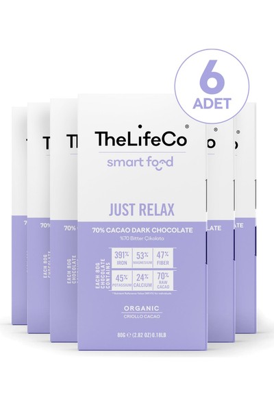 TheLifeCo Smartfood Just Relax Organik Çikolata 80GR (Organik %70 Bitter Çikolata) x 6 Adet TheLifeCo Smartfood Just Relax Organik Çikolata 80GR (Organik %70 Bitter Çikolata) x 6 Adet