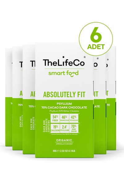 TheLifeCo Smartfood Absolutely Fit Organik Çikolata 80GR (Karnıyarık Otu Tozu, Psyllium'lu %70 Bitter) x 6 Adet TheLifeCo Smartfood Absolutely Fit Organik Çikolata 80GR (Karnıyarık Otu Tozu, Psyllium'lu %70 Bitter) x 6 Adet