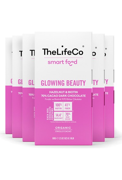 TheLifeCo SmartFood Glowing Beauty Organik Çikolata 80gr ( Organik Fındık + Biotin + %70 Bitter) x6 TheLifeCo SmartFood Glowing Beauty Organik Çikolata 80gr ( Organik Fındık + Biotin + %70 Bitter) x6