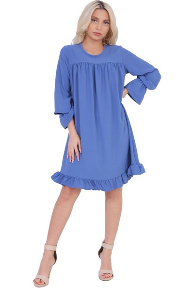 BizdeGiyin Kolları ve Etek Ucu Fırfırlı Mavi Tunik
