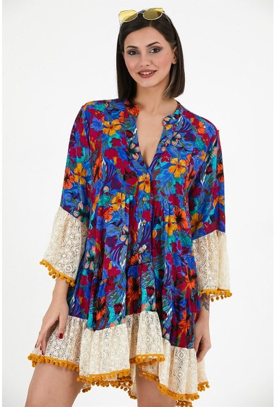 Pumpkin Woman Kadın Çiçek Desenli Ispanyol Dantel Detaylı Ponponlu Düğmeli Salaş Elbise Pumpkin Woman Kadın Çiçek Desenli Ispanyol Dantel Detaylı Ponponlu Düğmeli Salaş Elbise