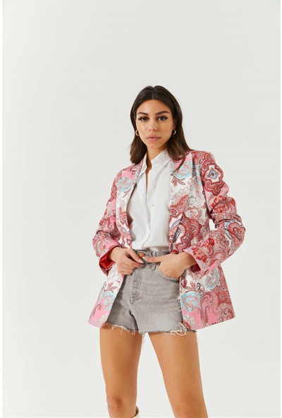tuba butik Şal Desen Düğme Detaylı Blazer Pembe Kadın Ceket tuba butik Şal Desen Düğme Detaylı Blazer Pembe Kadın Ceket