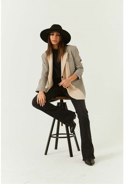 tuba butik Ekoseli Oversize Blazer Taş Kadın Ceket tuba butik Ekoseli Oversize Blazer Taş Kadın Ceket