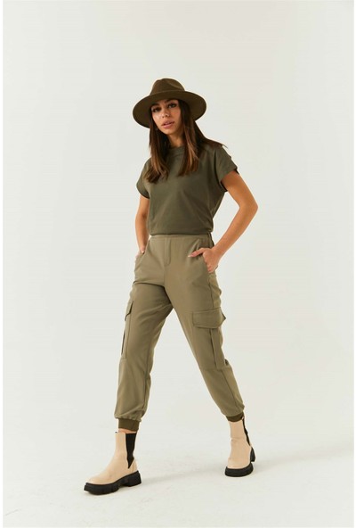 tuba butik Beli Lastikli Jogger Haki Kadın Pantolon