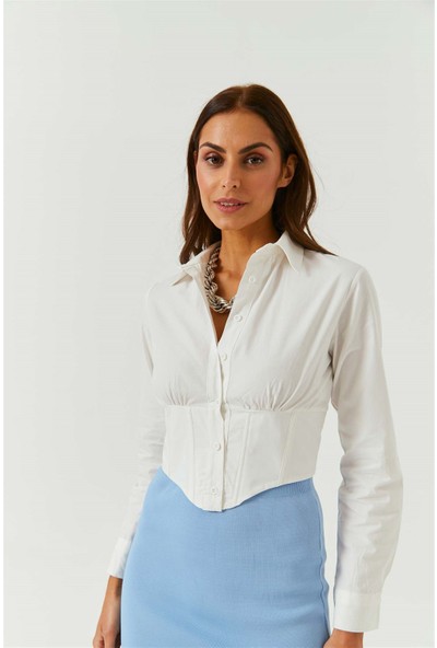 tuba butik Gipe Detaylı Önü Korseli Ekru Kadın Gömlek