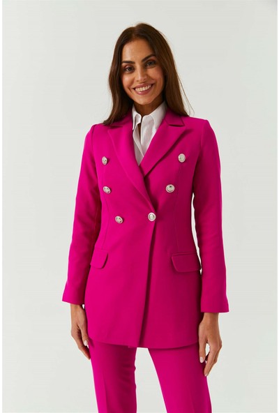 tuba butik Kruvaze Gümüş Düğmeli Blazer Fuşya Kadın Ceket