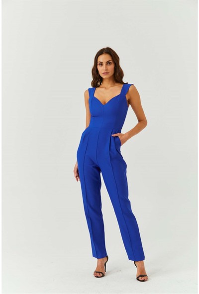 tuba butik Damla Yaka Kalın Askılı Saks Mavi Kadın Tulum