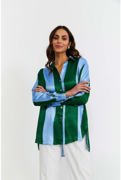 tuba butik Yırtmaç Detaylı Saten Yeşil Kadın Gömlek