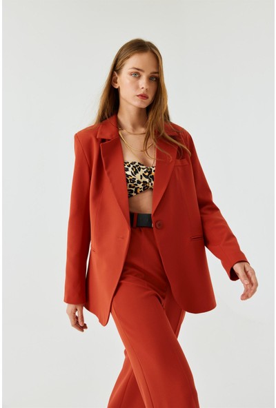 tuba butik Tek Düğme Blazer Kiremit Kadın Ceket tuba butik Tek Düğme Blazer Kiremit Kadın Ceket