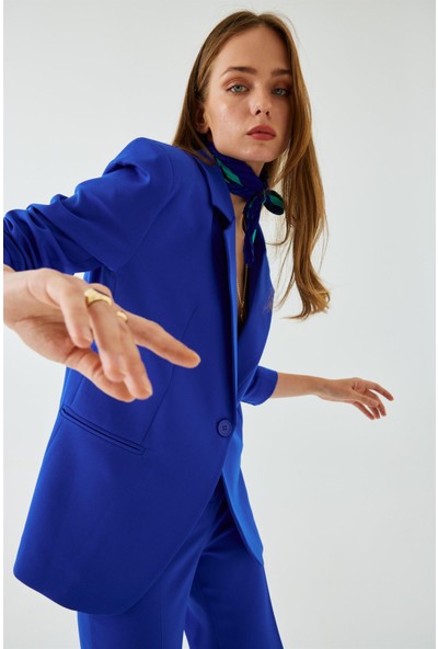 tuba butik Tek Düğme Blazer Saks Mavi Kadın Ceket tuba butik Tek Düğme Blazer Saks Mavi Kadın Ceket