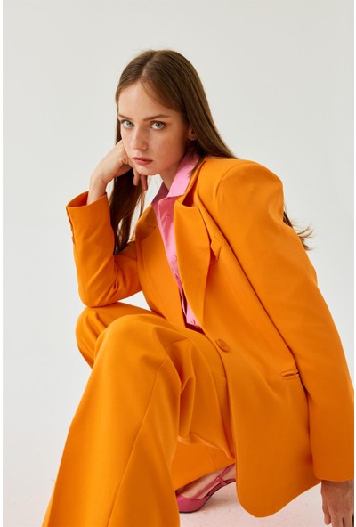 tuba butik Tek Düğme Blazer Turuncu Kadın Ceket tuba butik Tek Düğme Blazer Turuncu Kadın Ceket