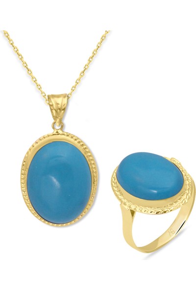 Aslı Gold Firuze Taşlı Büyük Boy Altın Ikili Takım (TKM0057)