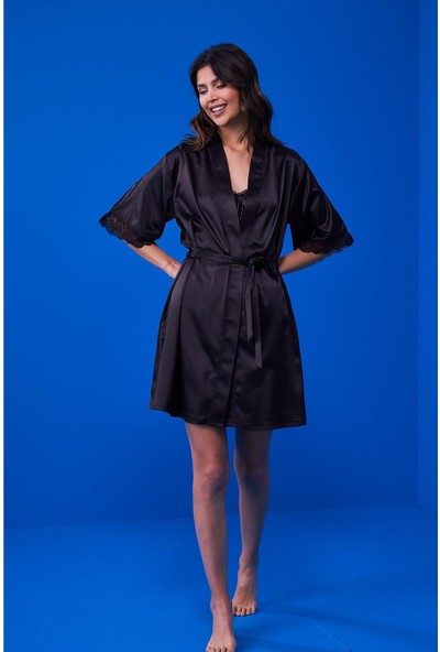 Pjs 23138 Kadın Dantelli Saten Sabahlık