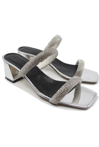 Potincim Ecm 1212 Taşlı Kadın Büyük Numara 5 cm Topuk Terlik Gümüş