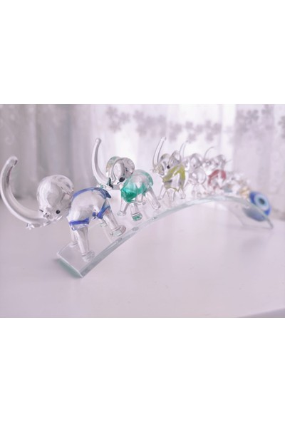 Nazar Boncuklu Yedili Fil Figürlü Cam Bereket Biblo 21 cm Dekoratif Hediye