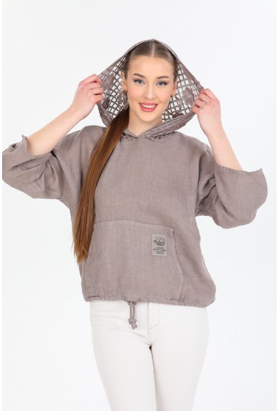 Kadın Vizon Italyan Kanguru Cepli Dantel Kapüşonlu Keten Bluz