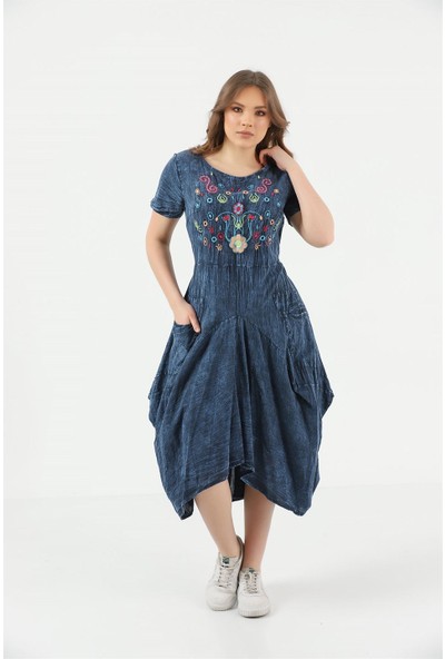 Qashmir Kadın Yıkamalı Nakışlı Pamuk Elbise