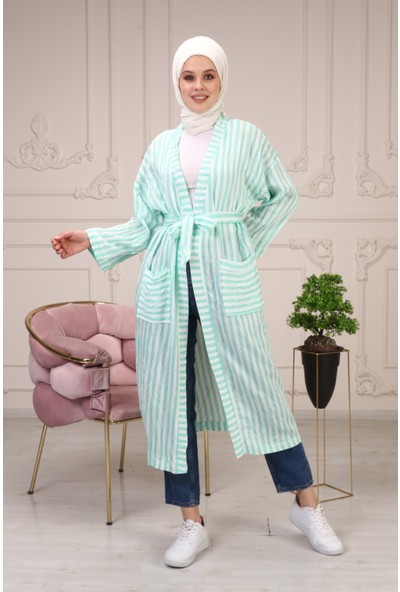 Kadın Çağla Kuşaklı Çift Cepli Kimono 5301
