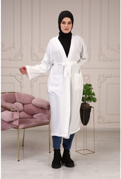 Kadın Çağla Kuşaklı Çift Cepli Kimono 5301