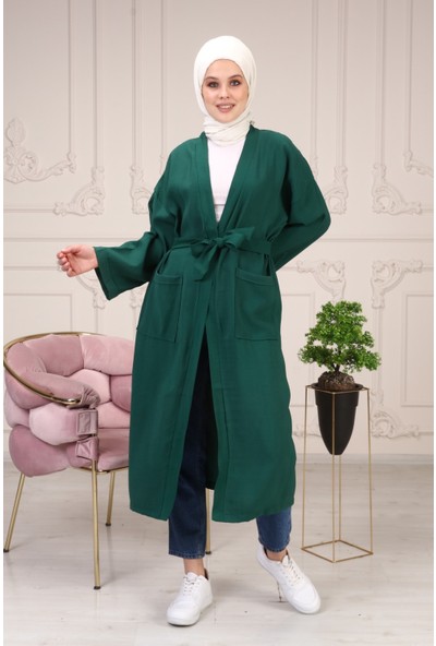 Kadın Çağla Kuşaklı Çift Cepli Kimono 5301