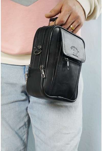 Newish Polo Siyah Hakiki Deri Çelik Kasalı Telefon Bölmeli El ve Omuz Çantası