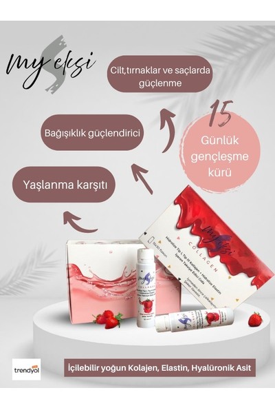 Myeksi Çilek Aromalı Myeksi Collagen + Elastin+ Hyaluronik Acid (15 x 30 ml Flakon) Myeksi Çilek Aromalı Myeksi Collagen + Elastin+ Hyaluronik Acid (15 x 30 ml Flakon)