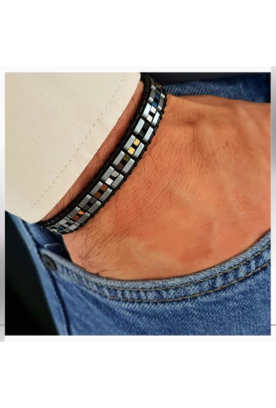 Seven Art Jewelry Hematit Taşı El Yapımı Doğal Taş Erkek Bileklik Siyah