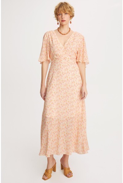 Perspective Darcy Kruvaze Yaka Desenli Turuncu Elbise