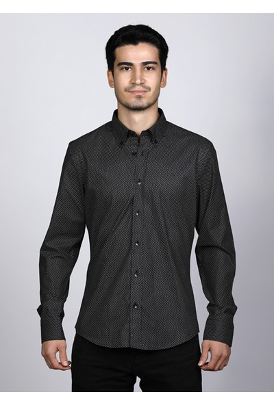 Salve Erkek %100 Pamuk Slim Fit Siyah Desenli Spor Gömlek 22160