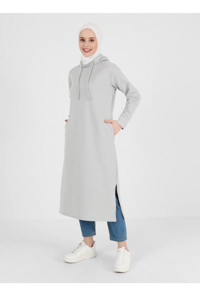 Refka Kapüşonlu Yırtmaç Detaylı Tunik - Gri - Refka Basic Refka Kapüşonlu Yırtmaç Detaylı Tunik - Gri - Refka Basic