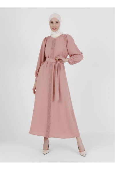 Refka Yaka ve Kol Uçları Dantelli Elbise - Koyu Pudra - Refka Woman Refka Yaka ve Kol Uçları Dantelli Elbise - Koyu Pudra - Refka Woman
