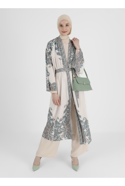 Refka Şal Desenli Kuşaklı Kimono- Petrol - Refka Woman Refka Şal Desenli Kuşaklı Kimono- Petrol - Refka Woman