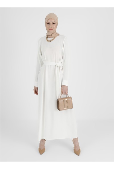 Refka Kolları Pileli Şık Elbise - Off White - Refka Woman Refka Kolları Pileli Şık Elbise - Off White - Refka Woman