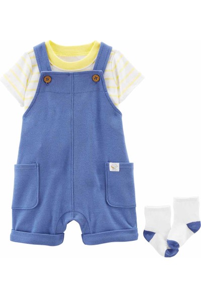Erkek Bebek Salopet Body Çorap Set 3'lü Paket Mavi Erkek Bebek Salopet Body Çorap Set 3'lü Paket Mavi
