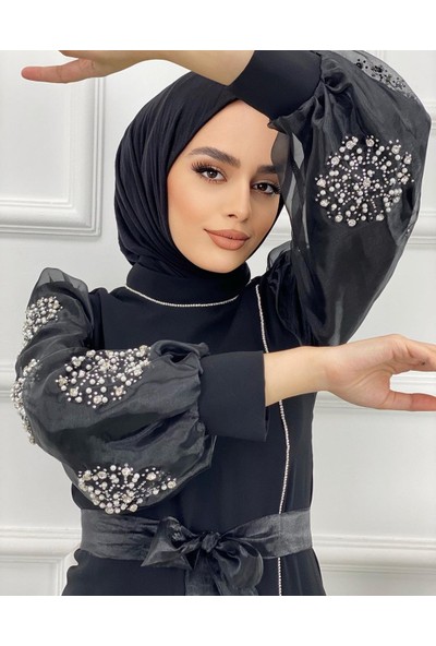 Modarima Balon Kol Inci Işlemeli Abiye - Siyah
