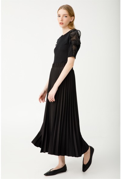 Micca Vazgeçilmez Piliseli Beli Lastikli Tam Boy Etek-Siyah