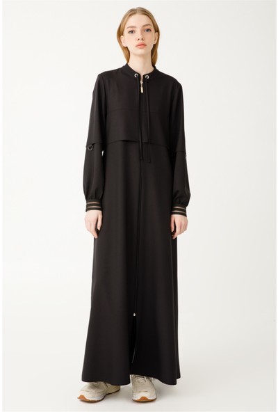 Micca Aller Parçalı Kolları Ribanalı Hafif ve Zor Kırışan Kumaştan Tam Boy Spor Kap-Siyah