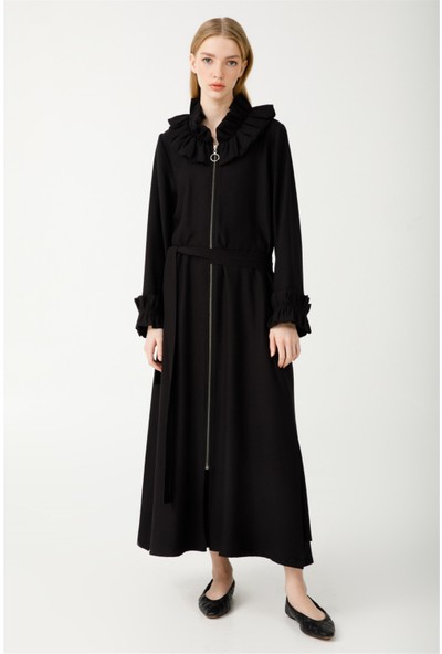 Micca Matmazel Yaka Viskon Dökümlü Doğal Kumaştan Elit Kap-Siyah