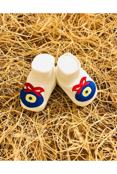 Akyüz Bebe Yeni Doğan Bebek Beyaz Mavi Renk Nazar Boncuklu Patik Çorap 0-3 Ay