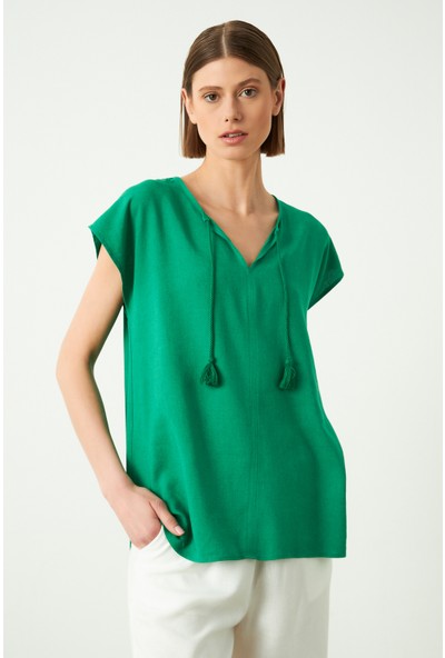 Gusto Viskon Keten Bluz - Yeşil