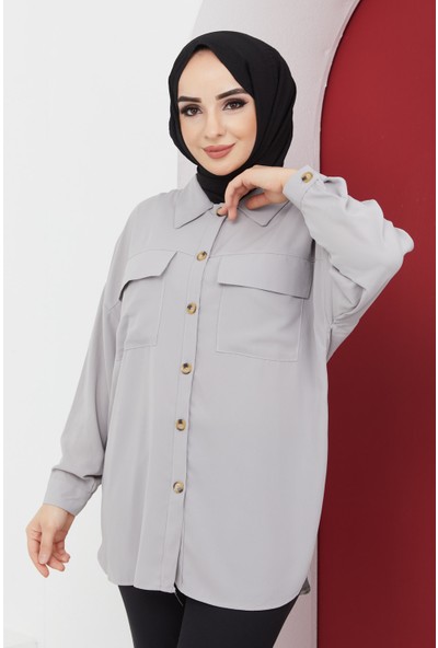 İmaj Butik Ön Cep Detaylı Krep Tesettür Gömlek/taş
