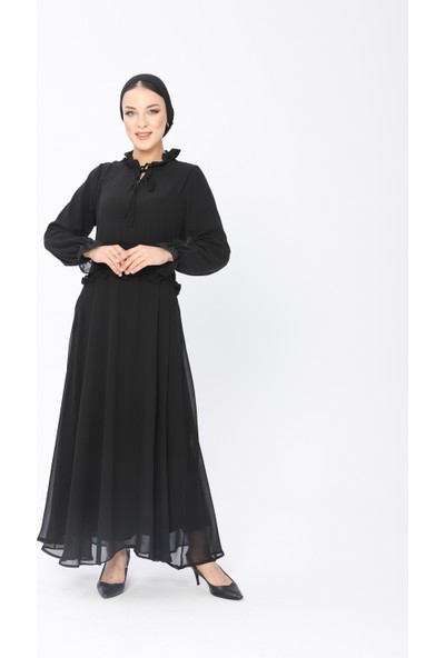 May Mara Kadın Uzun Kol Şifon Yaka Fırfırlı Beli Büzgülü Elbise