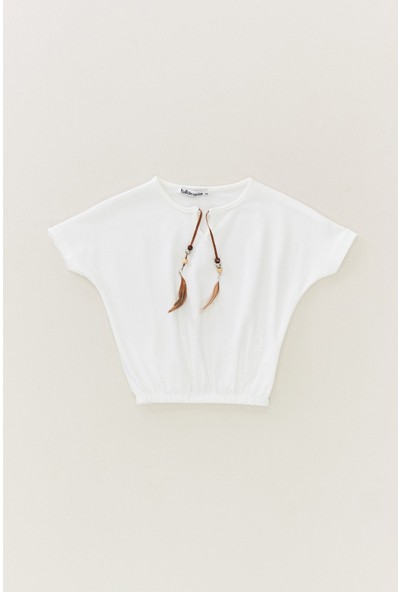 FullaModa Tüy Ayrıntılı Beli Lastikli Çocuk Krep Bluz FullaModa Tüy Ayrıntılı Beli Lastikli Çocuk Krep Bluz