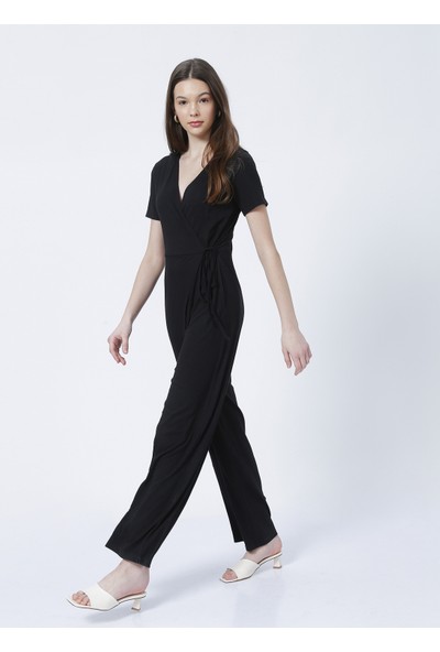Limon Oleg Kruvaze Yaka Bağlamalı Standart Kalıp Düz Siyah Kadın Tulum