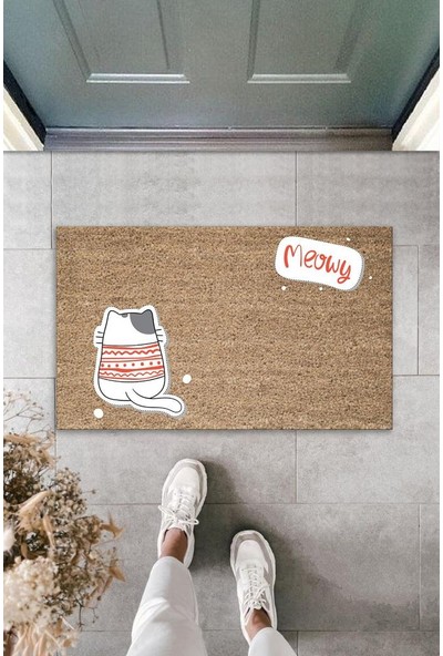 Anl Company Dijital Baskı Kahverengi Meowy Yazılı Arkasını Dönmüş Kazaklı Kedi Kapı Paspası PS1330
